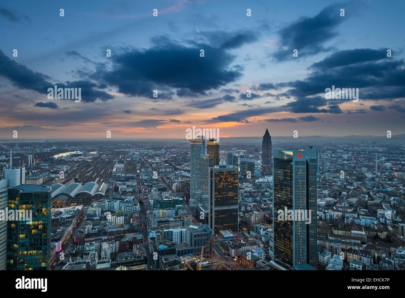 View of the city at sunset from the Main Tower with skyscrapers in the ...