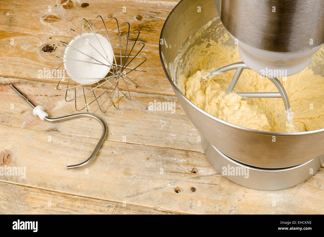 Food processor with beater tool preparing dough for a cake Stock Photo ...