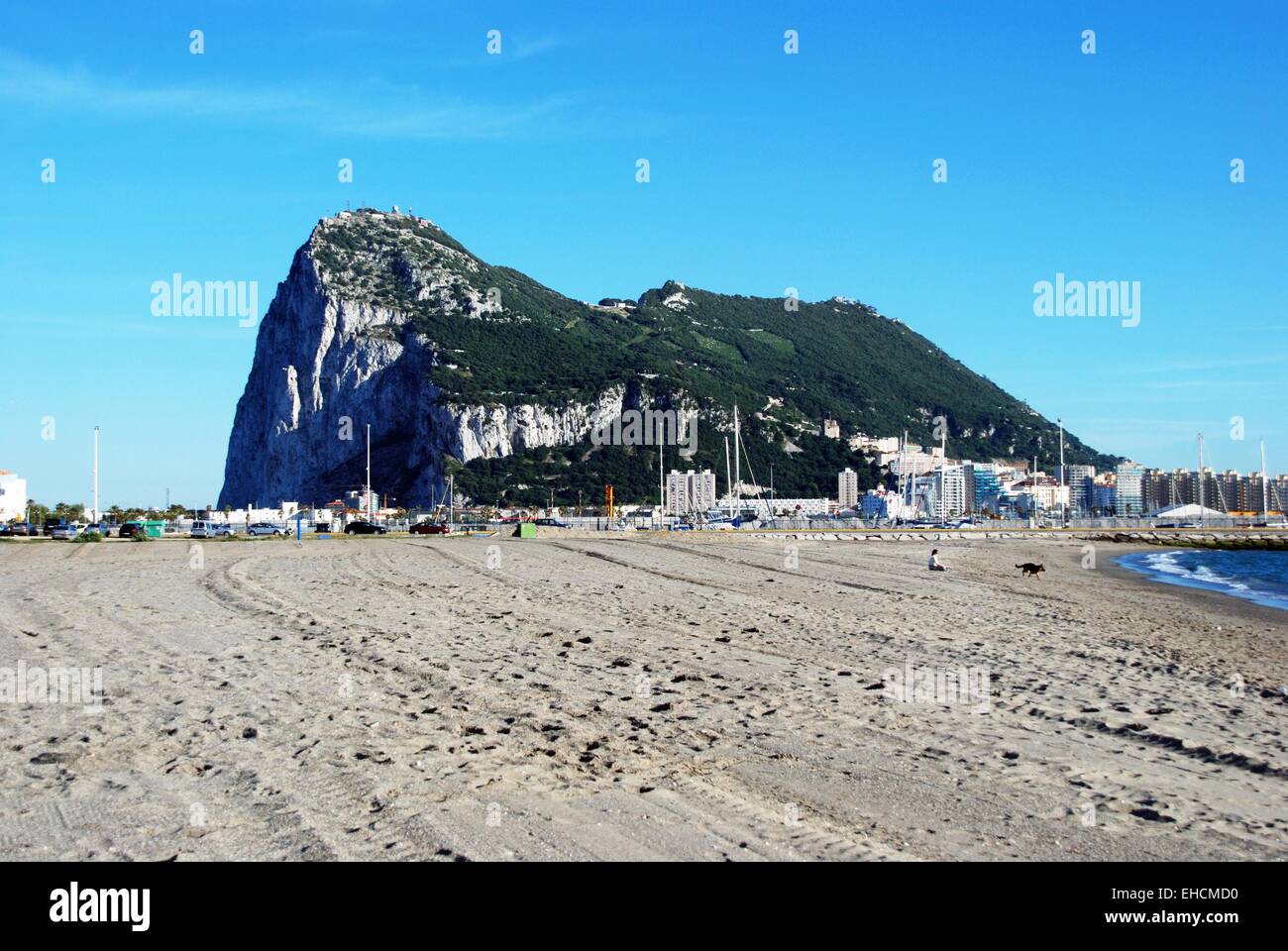 Rock of Gibraltar to the rear seen from La Linea beach in Spain, La ...
