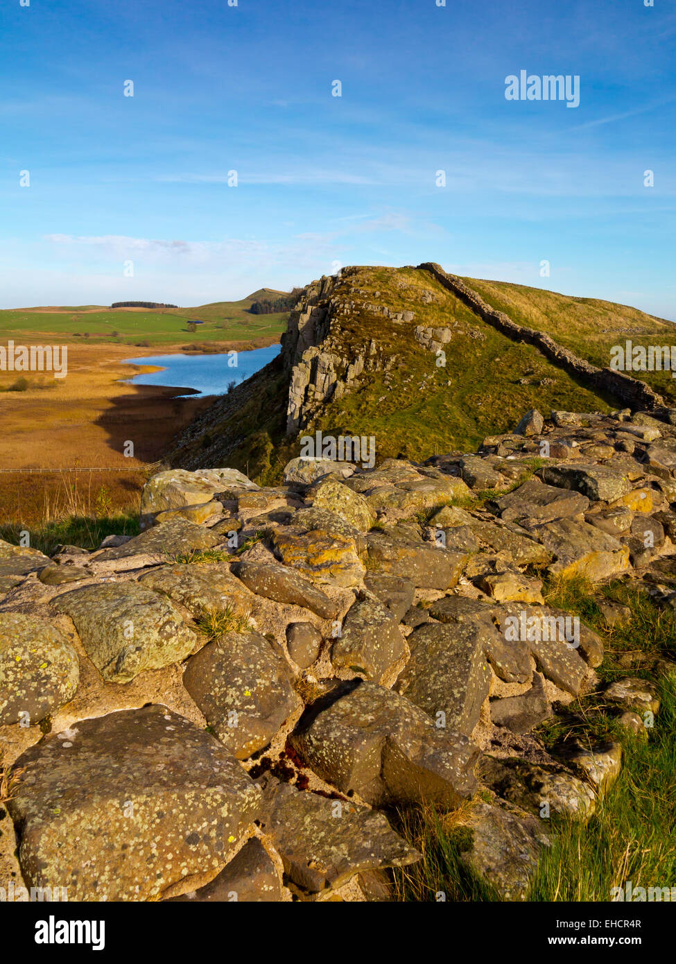 Hadrian's Wall near Steel Rigg with Crag Lough visible in distance in ...