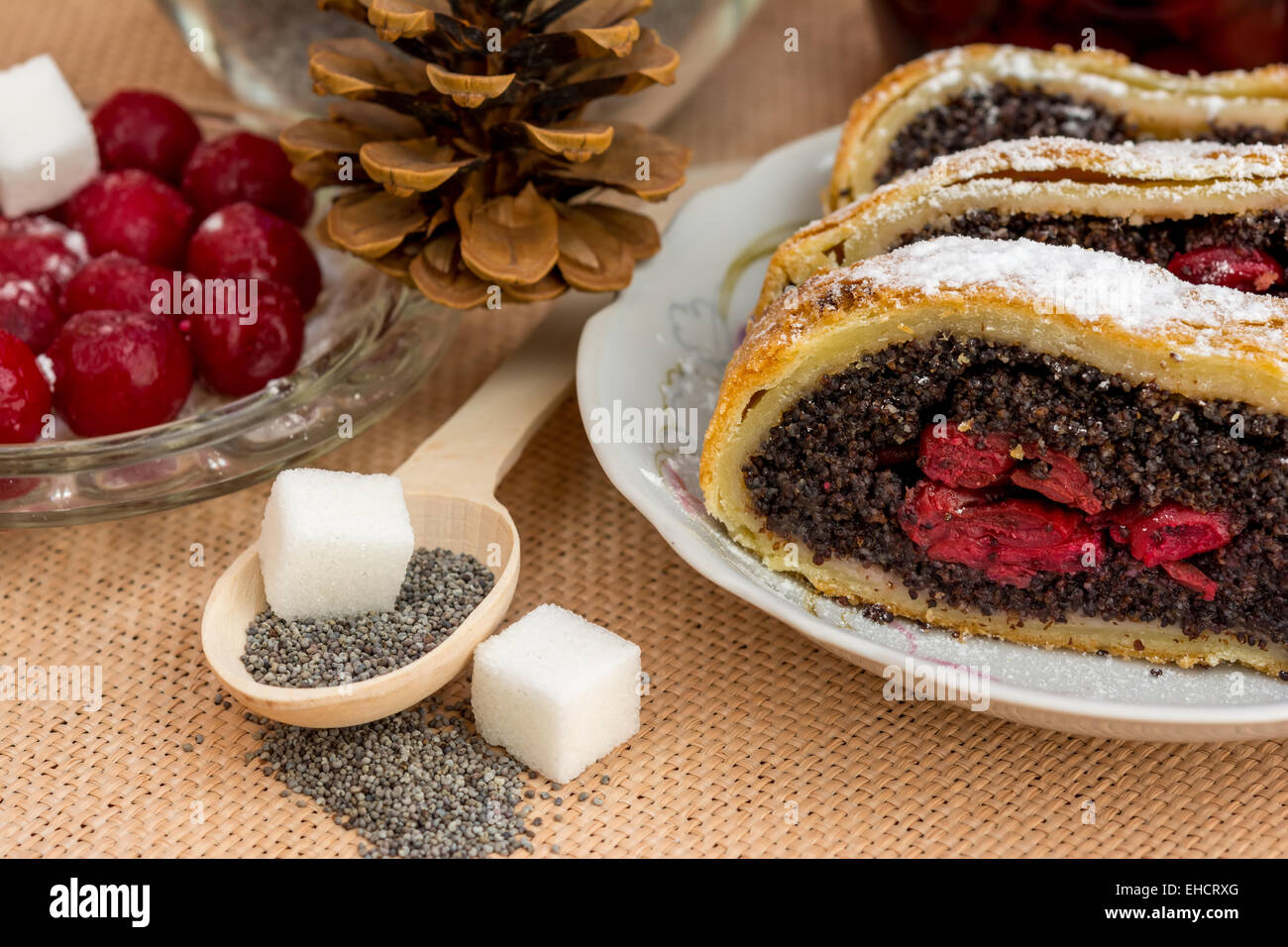 Poppy seed strudel with cherry Stock Photo - Alamy