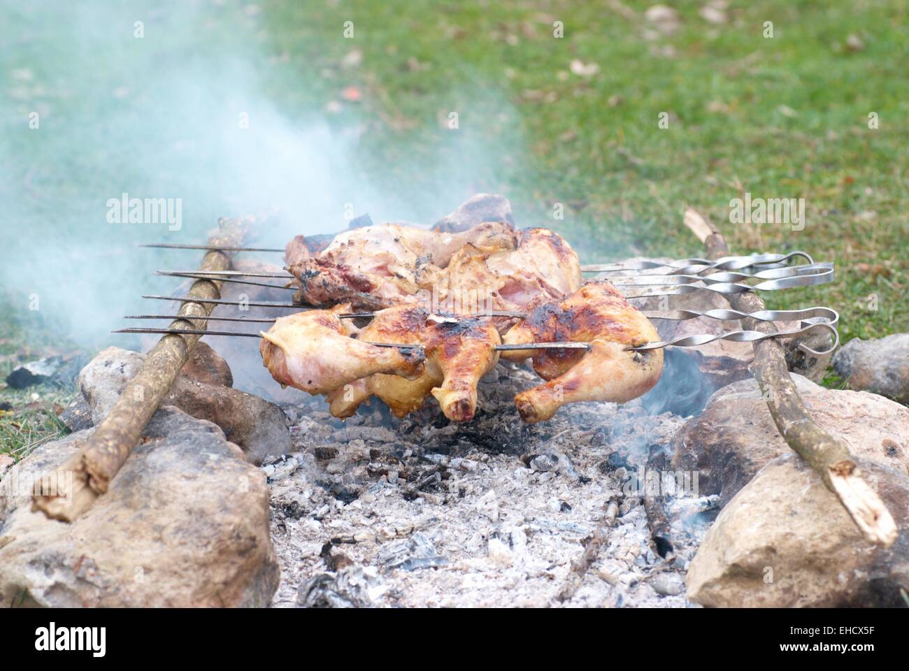 Appetizing grilled chiken kebab on metal skewers Stock Photo - Alamy
