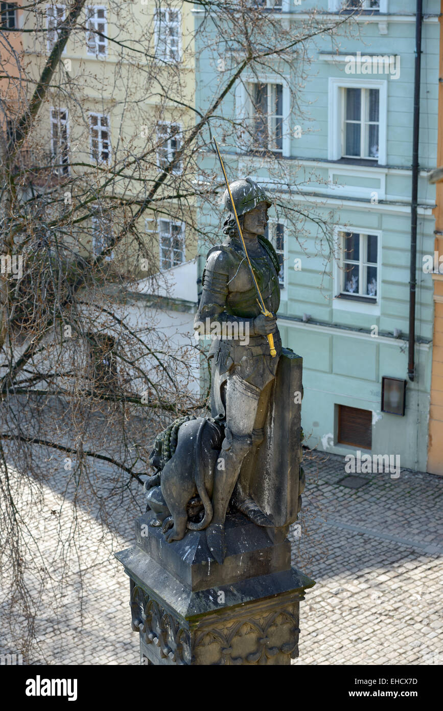 The sandstone statue of knight Bruncvik on the pillar of Charles Bridge ...