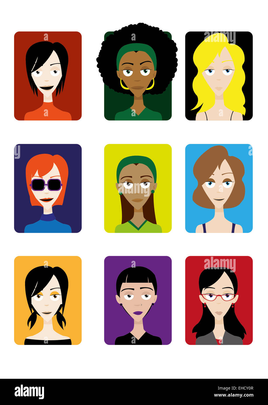 a vector cartoon representing 9 different female cartoon faces, useful ...