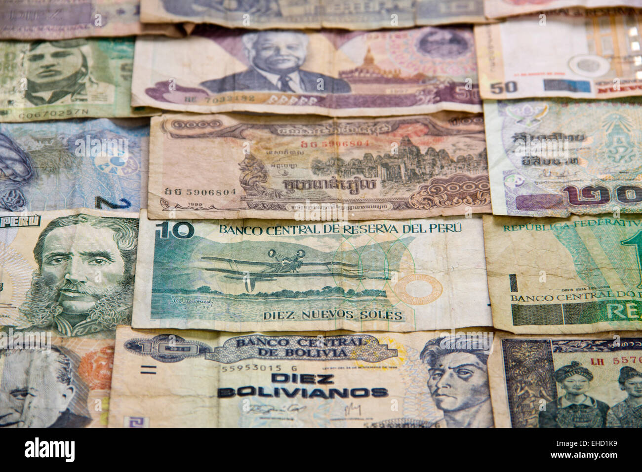 money banknotes from several Asian south American countries isolated ...