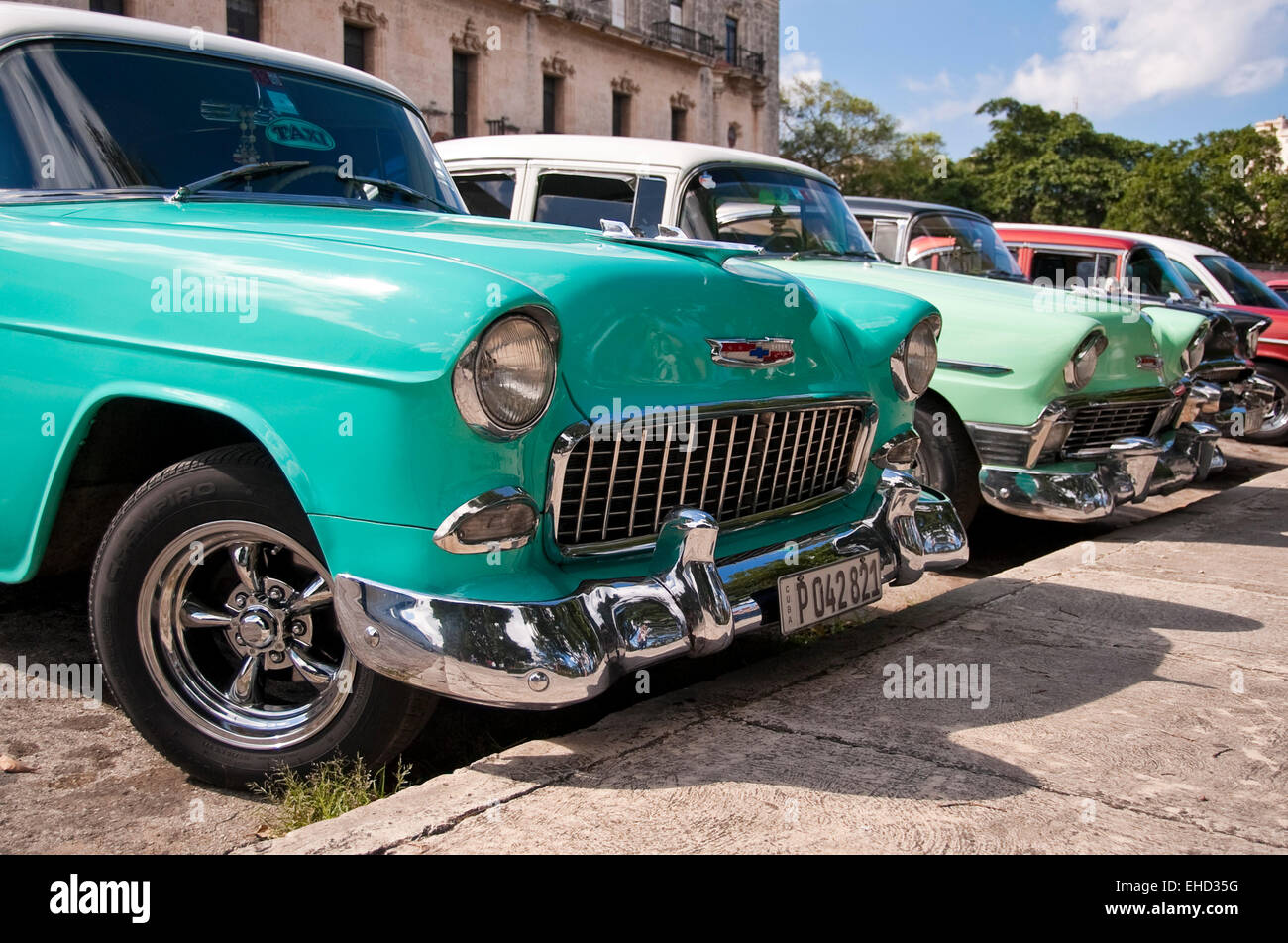 Horizontal close up view of vintage American cars parked in Cuba Stock ...