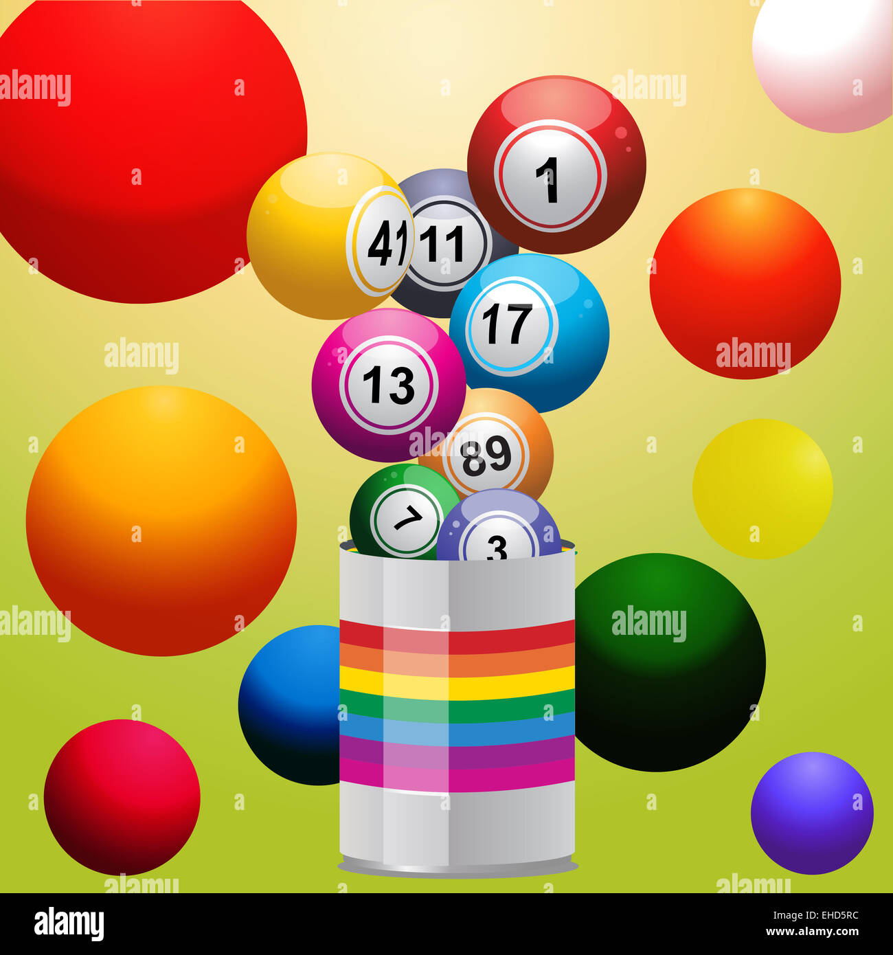 Bingo Balls coming out from a Tin of Color and multicolor background ...
