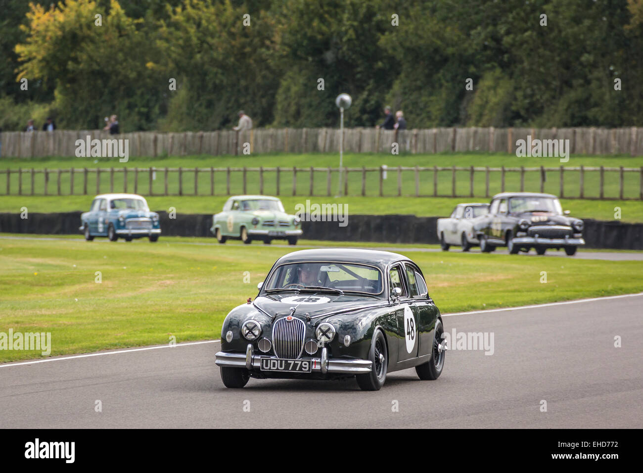 Richard Butterfield in the 1958 Jaguar Mk1 leads the pack in the St ...