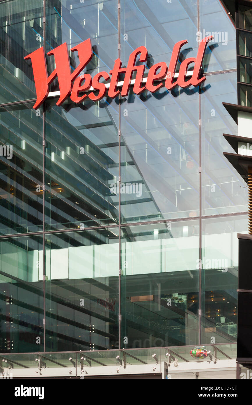 Westfield signage on exterior at Westfield Shopping Centre, Stratford ...