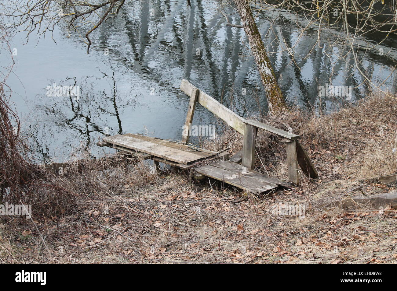 old wooden gangways under crystal fresh water of the forest river Stock ...