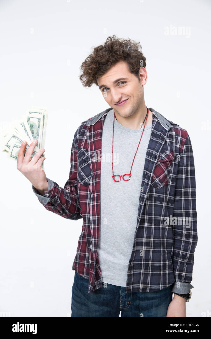 Happy young male student standing with bills of dollars Stock Photo - Alamy