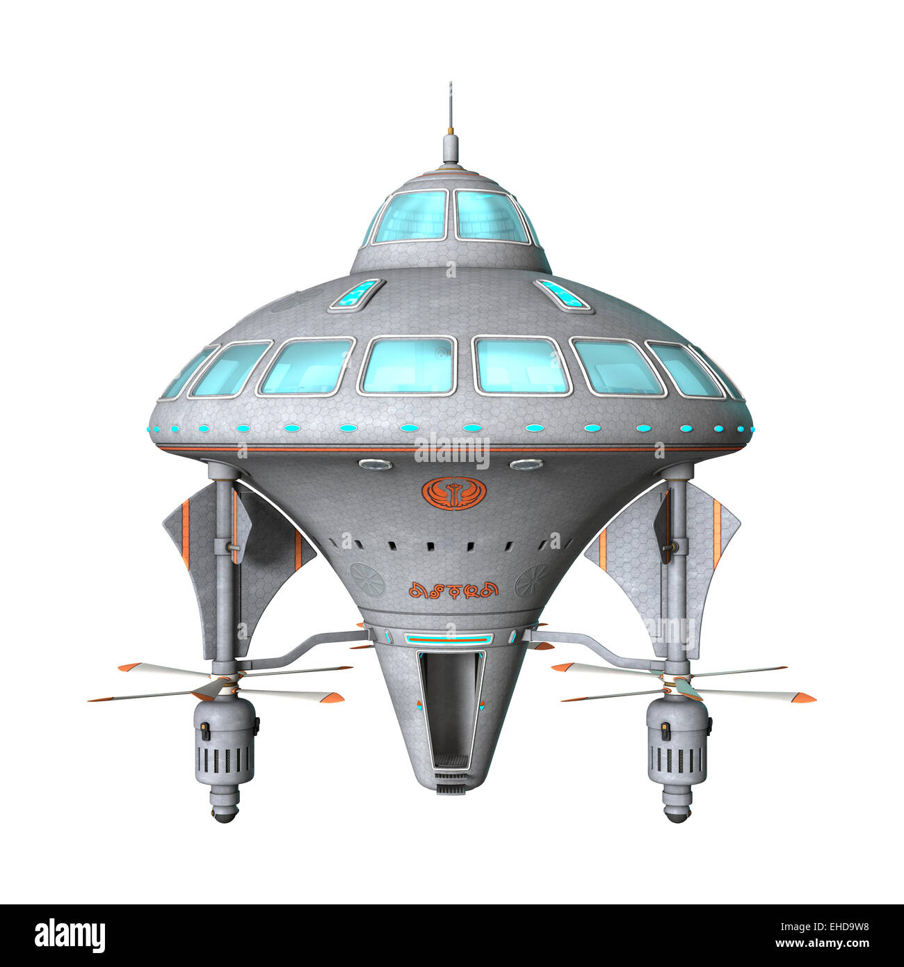 3D digital render of a science fiction flying machine isolated on white ...