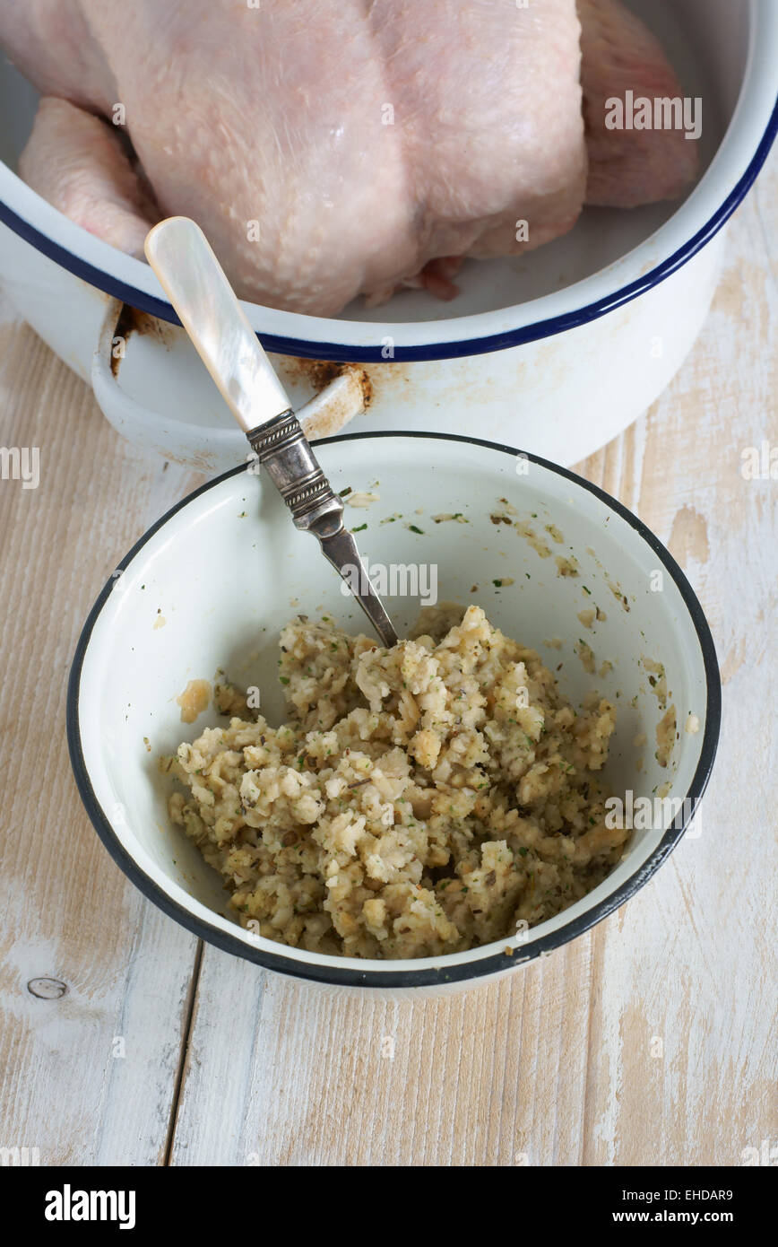 Making traditional British sage and onion stuffing to go in a roasting ...