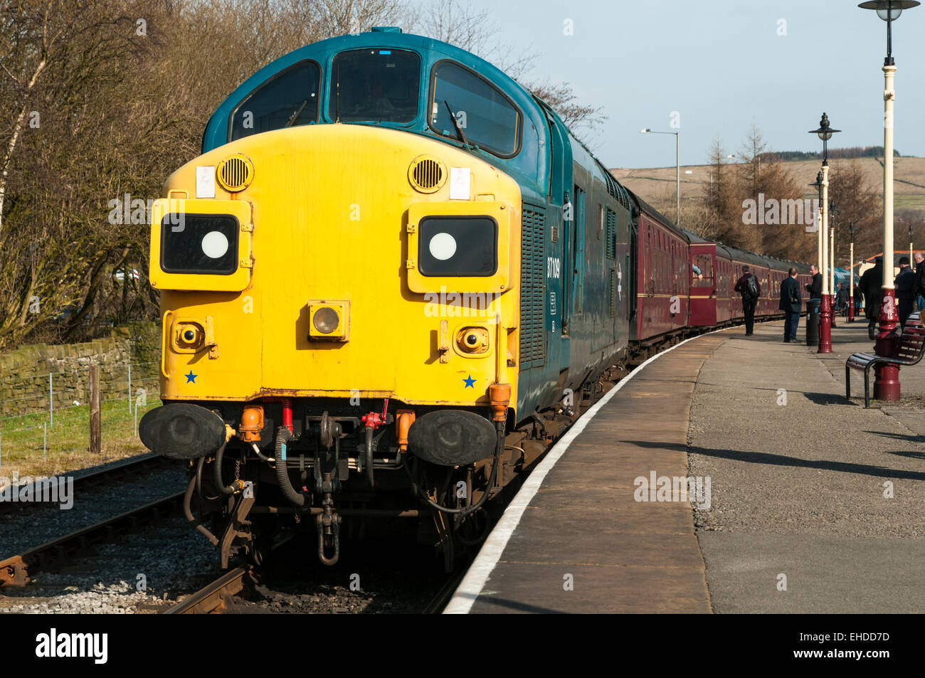 Class 37 loco in BR Blue colour scheme at the front of a passenger ...