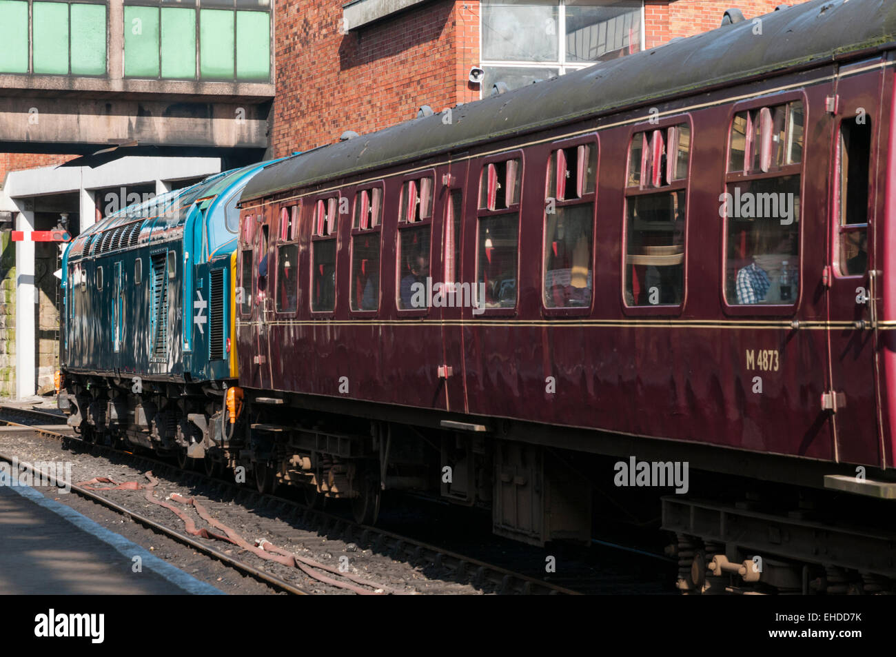 Class 40 loco in BR Blue colour scheme at the front of a passenger ...