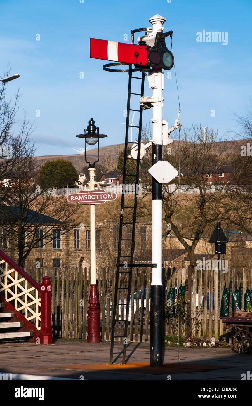 Mechanical semaphore signal on the platform at Ramsbottom railway ...