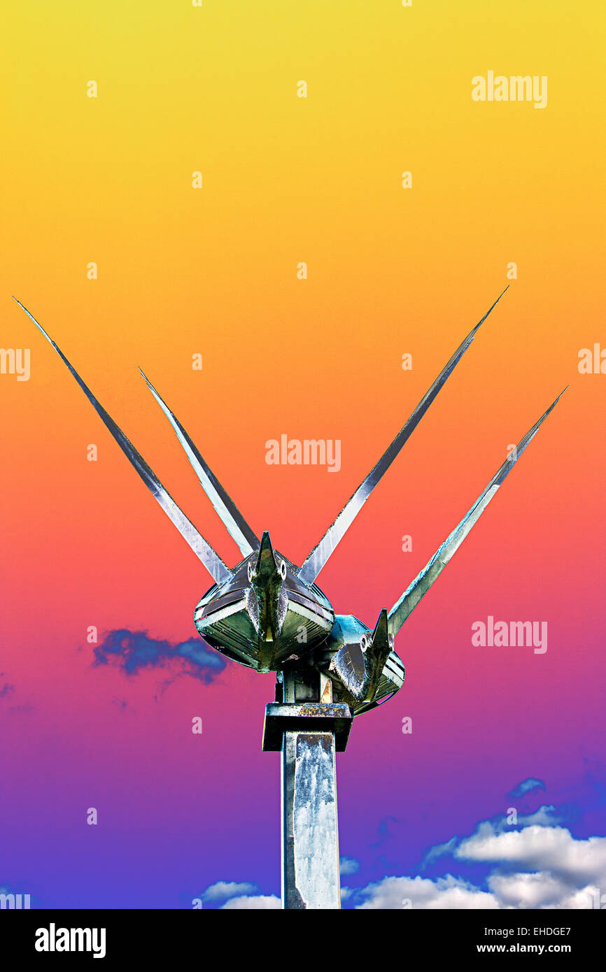 Psychedelic rendering of sculpture of two flying swans descending by ...