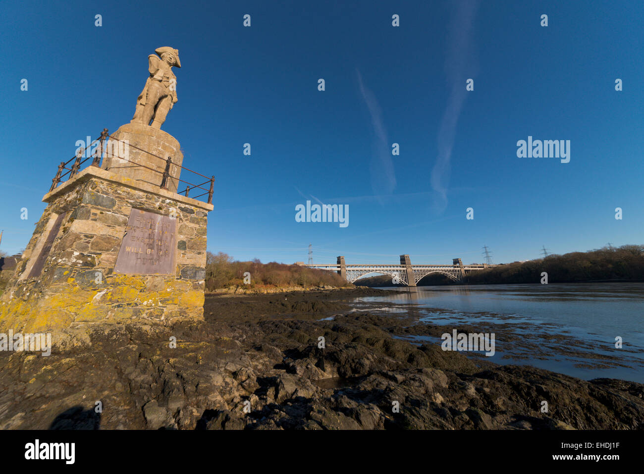 Britannia Bridge Menai Strait Anglesey North Wales Uk Nelson column ...