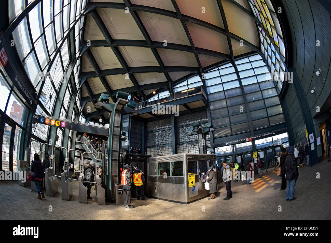 Token booth area at the 74th Street stop on the number F & 7 elevated ...