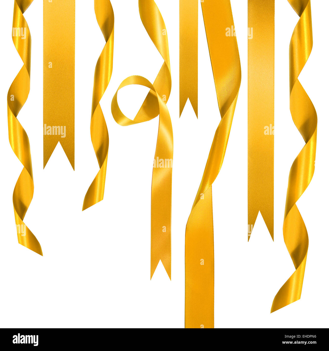 Gold ribbons hanging down on white Stock Photo - Alamy