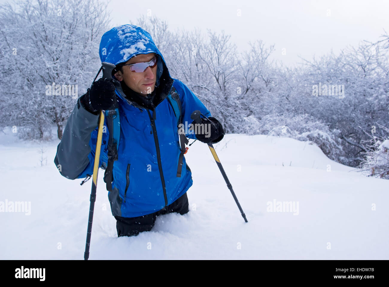 A backpacker man going in winter forest Stock Photo - Alamy