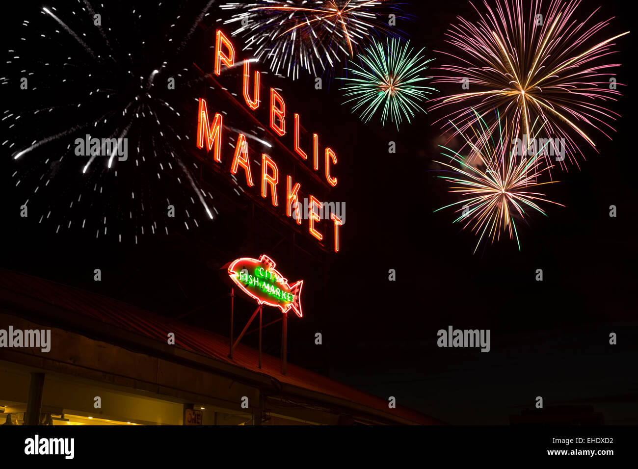 PIKE PLACE PUBLIC MARKET NEON SIGN SEATTLE WASHINGTON STATE USA Stock ...