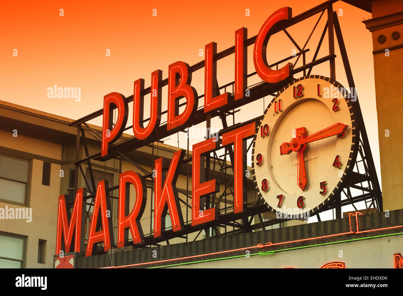 PIKE PLACE PUBLIC MARKET CENTER NEON SIGN SEATTLE WASHINGTON STATE USA ...