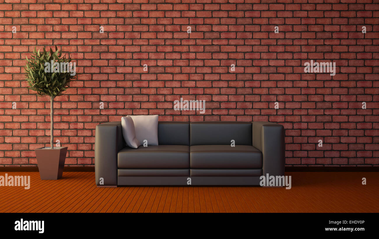 Front view of an interior rendering of a living room with textures ...