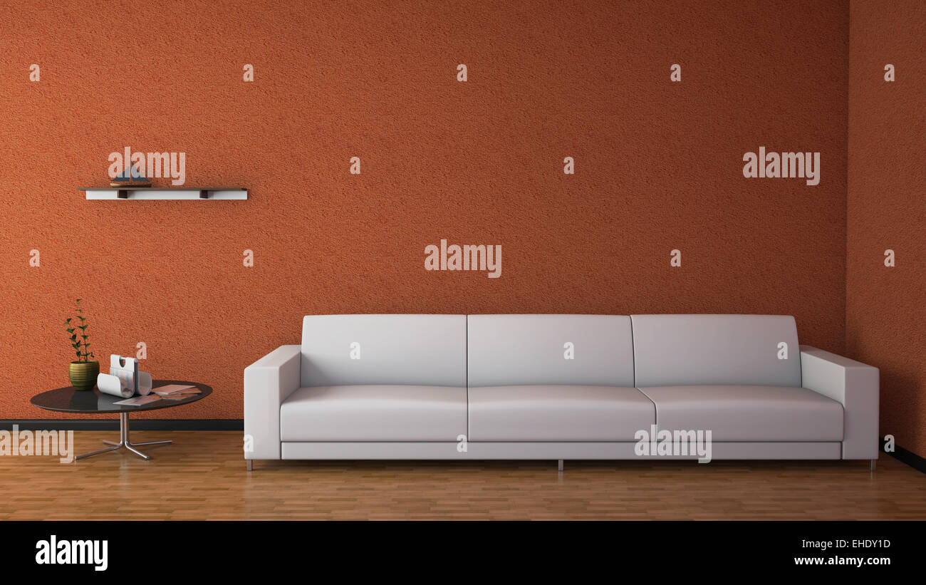 Front view of an interior rendering of a living room with textures ...