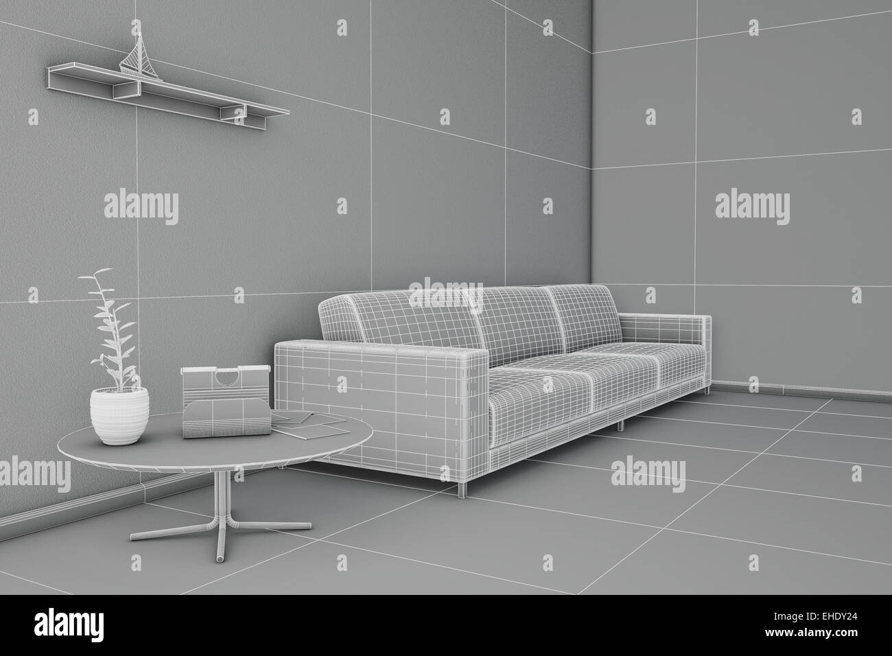 Side view of an interior rendering of a living room in wireframe Stock ...