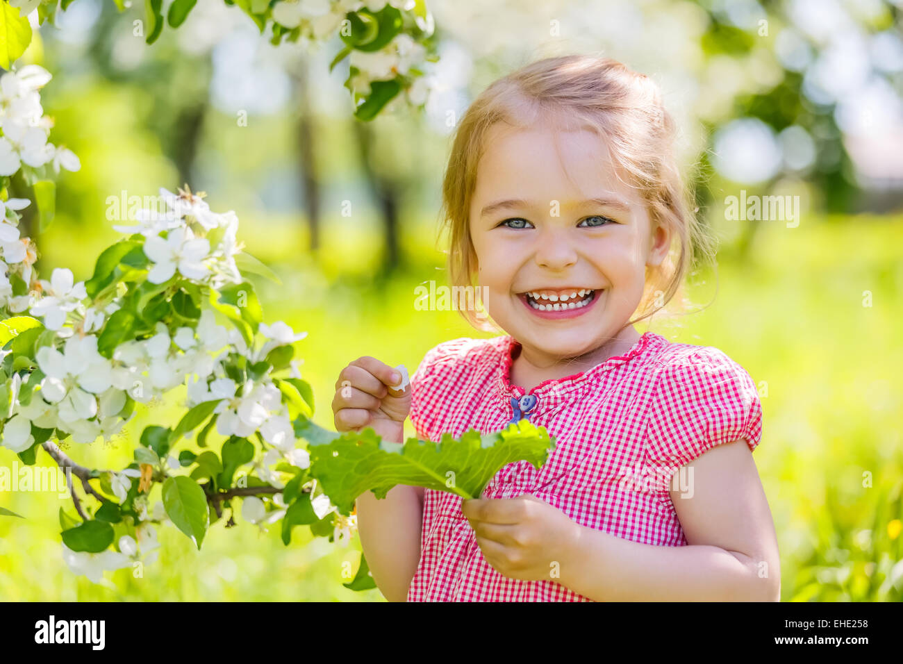 Happy little girl in spring sunny park Stock Photo - Alamy