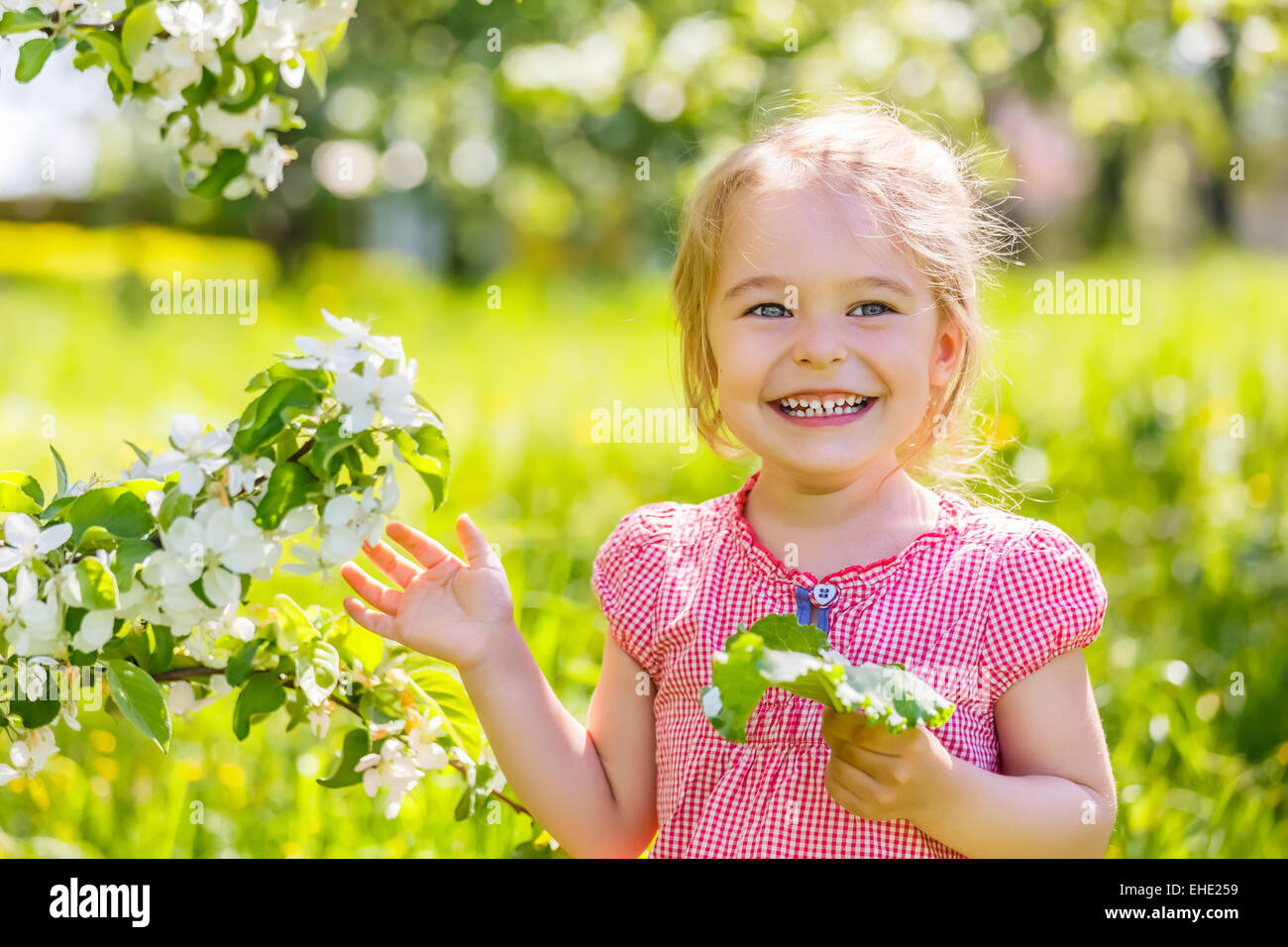 Happy little girl in spring sunny park Stock Photo - Alamy
