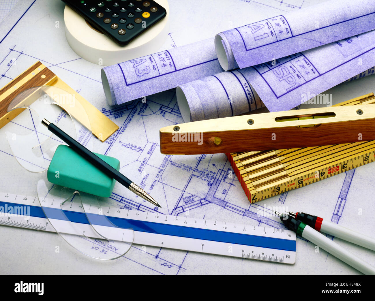 Blueprints with tools Stock Photo - Alamy