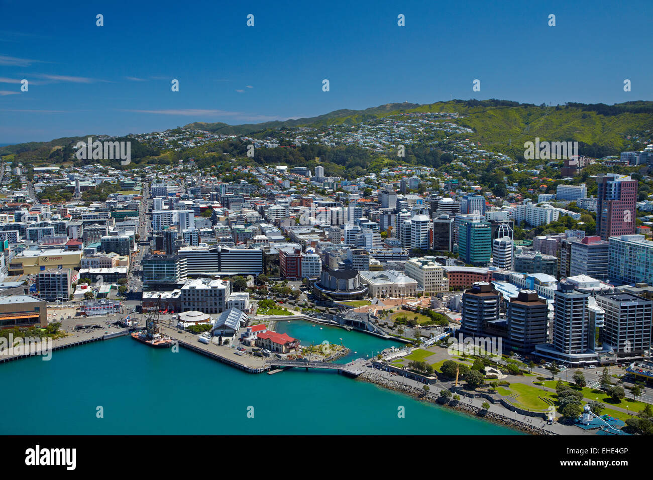 Wellington waterfront, North Island, New Zealand - aerial Stock Photo ...