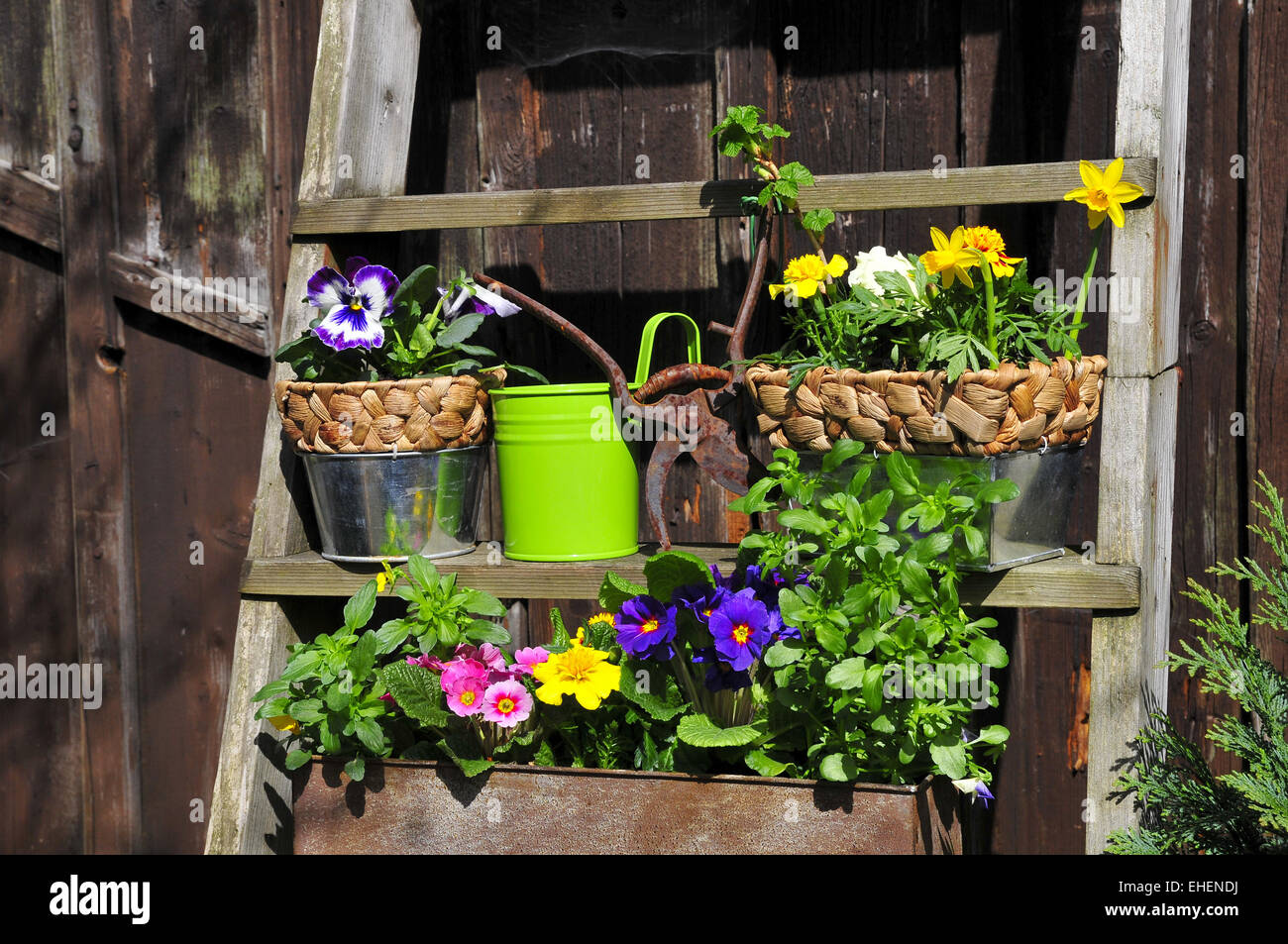 Spring flower pots hut garden tools Stock Photo - Alamy