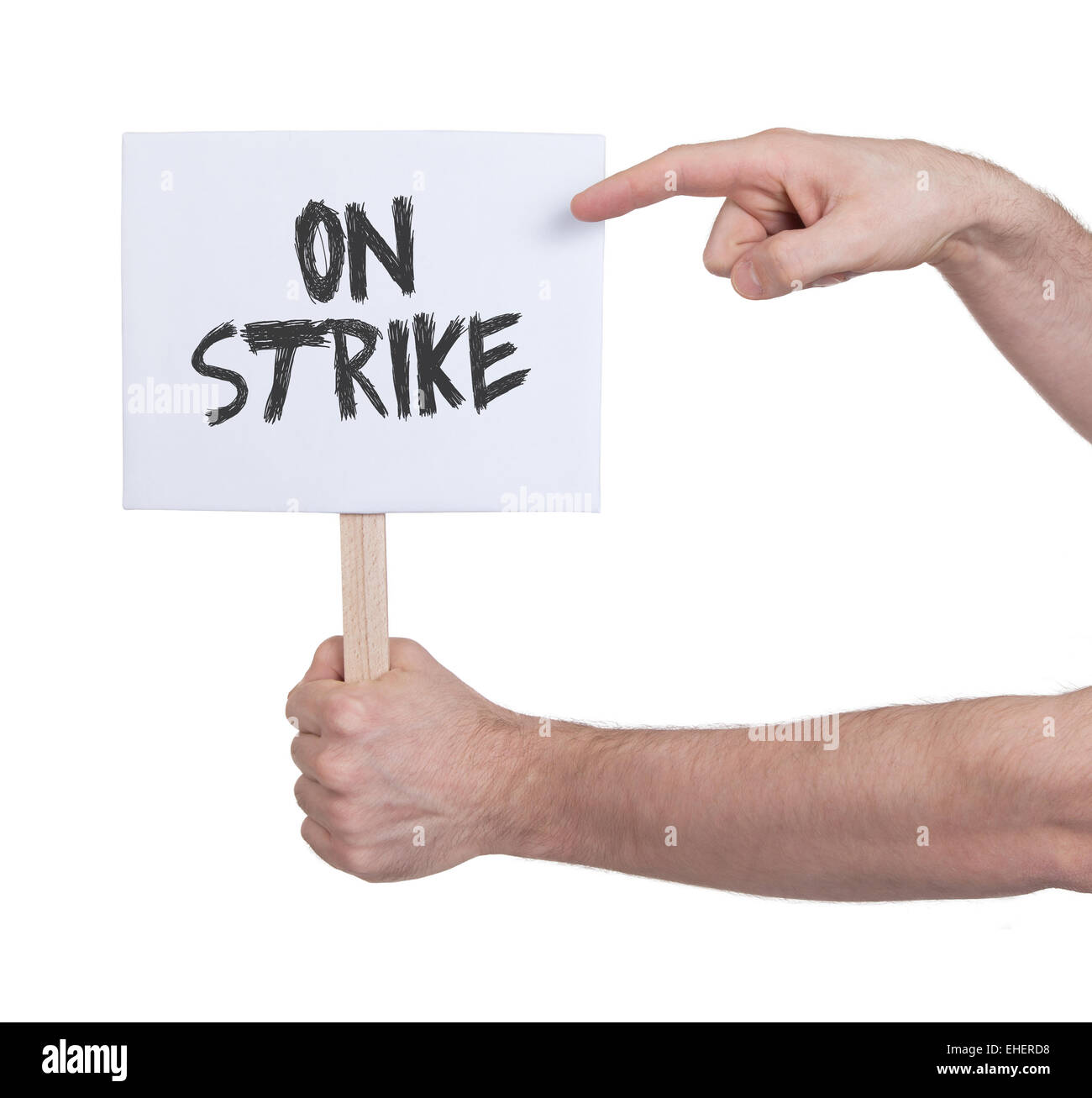 Hand holding sign, isolated on white - On strike Stock Photo - Alamy