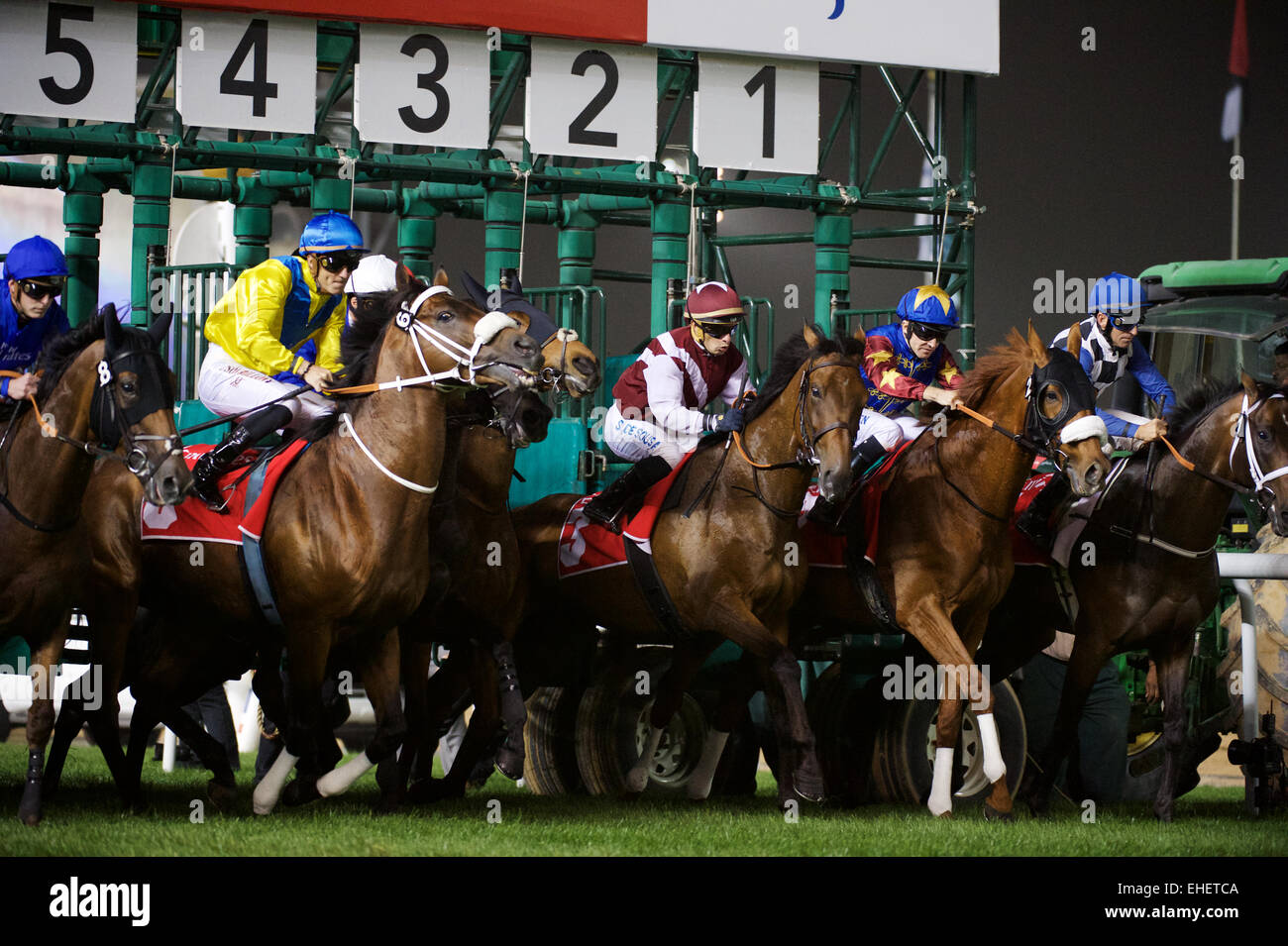 Meydan Racecourse, Dubai, UAE. 7th March, 2015. The horses break from ...