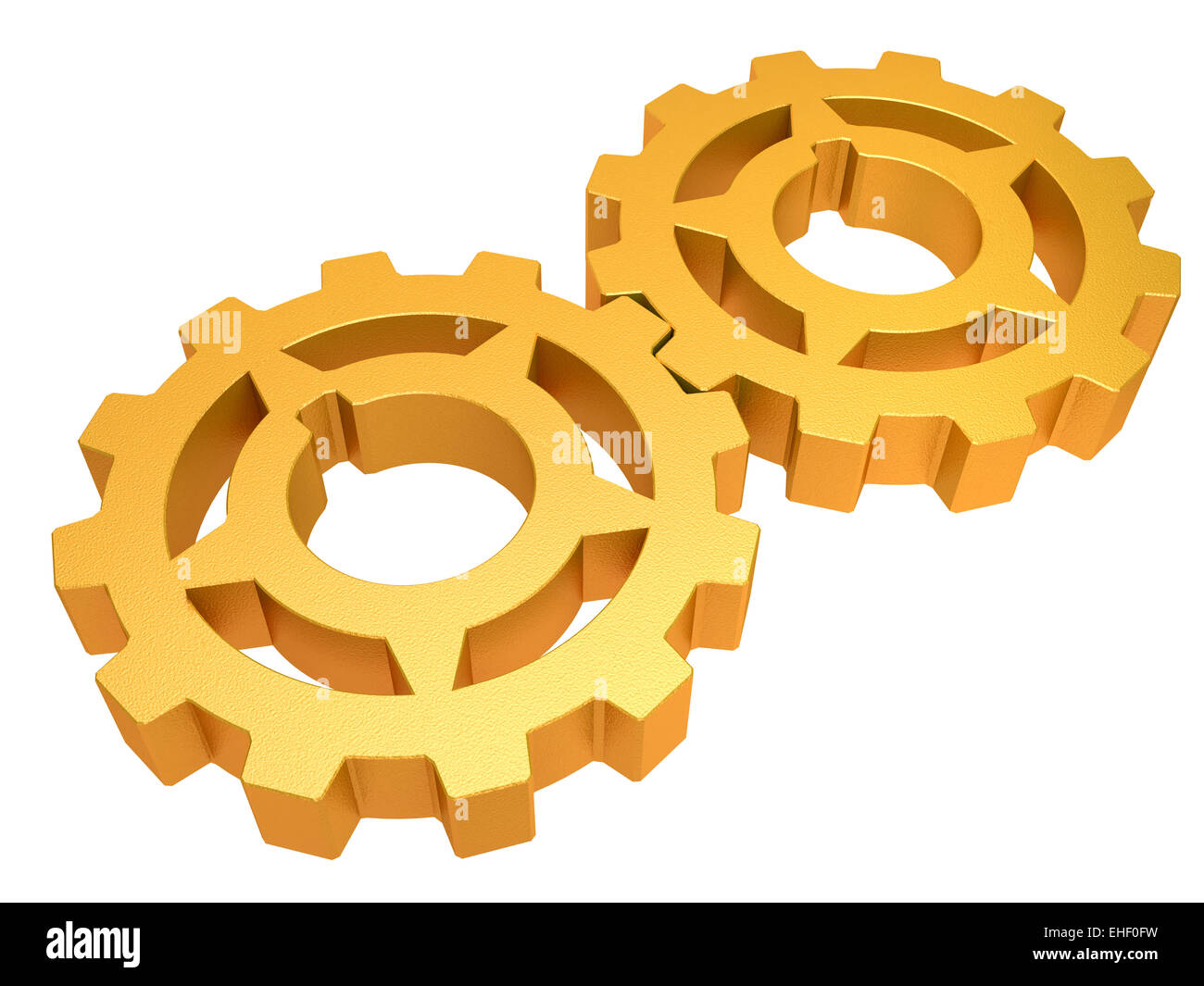 Two gold gears isolated on a white background Stock Photo - Alamy