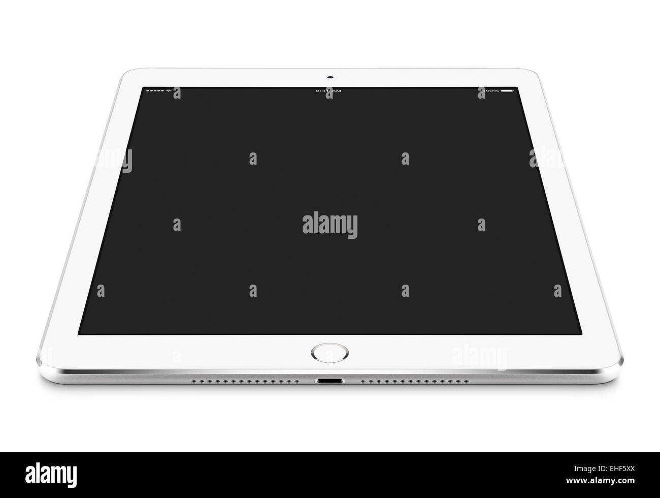 Angled front view of white tablet computer with blank screen mockup on ...