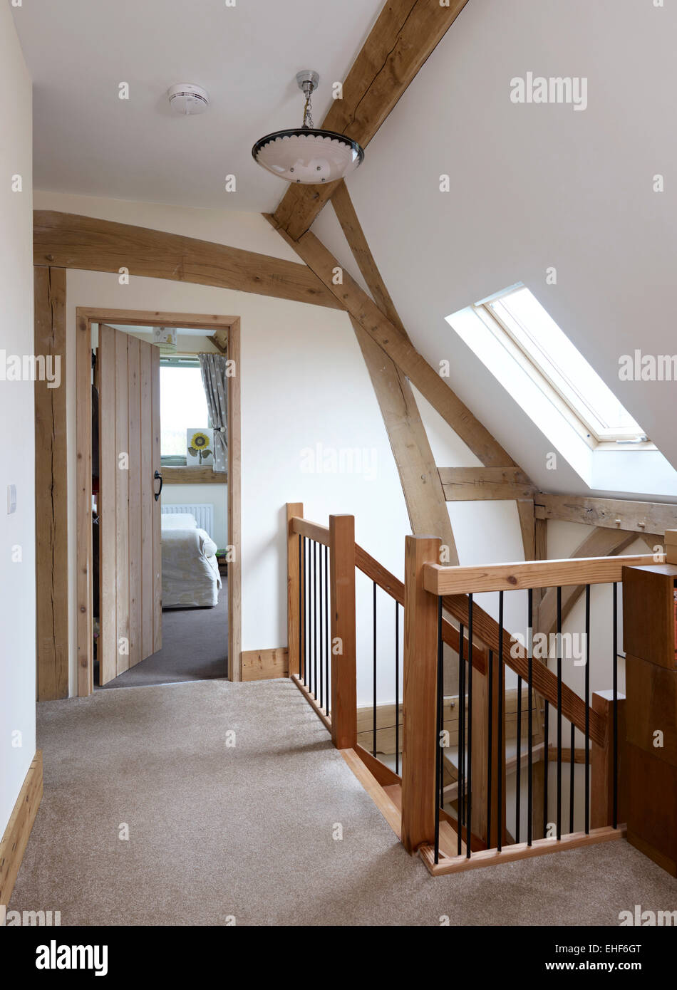 Beamed Hallway and stairs in Moon Farm home, UK Stock Photo - Alamy