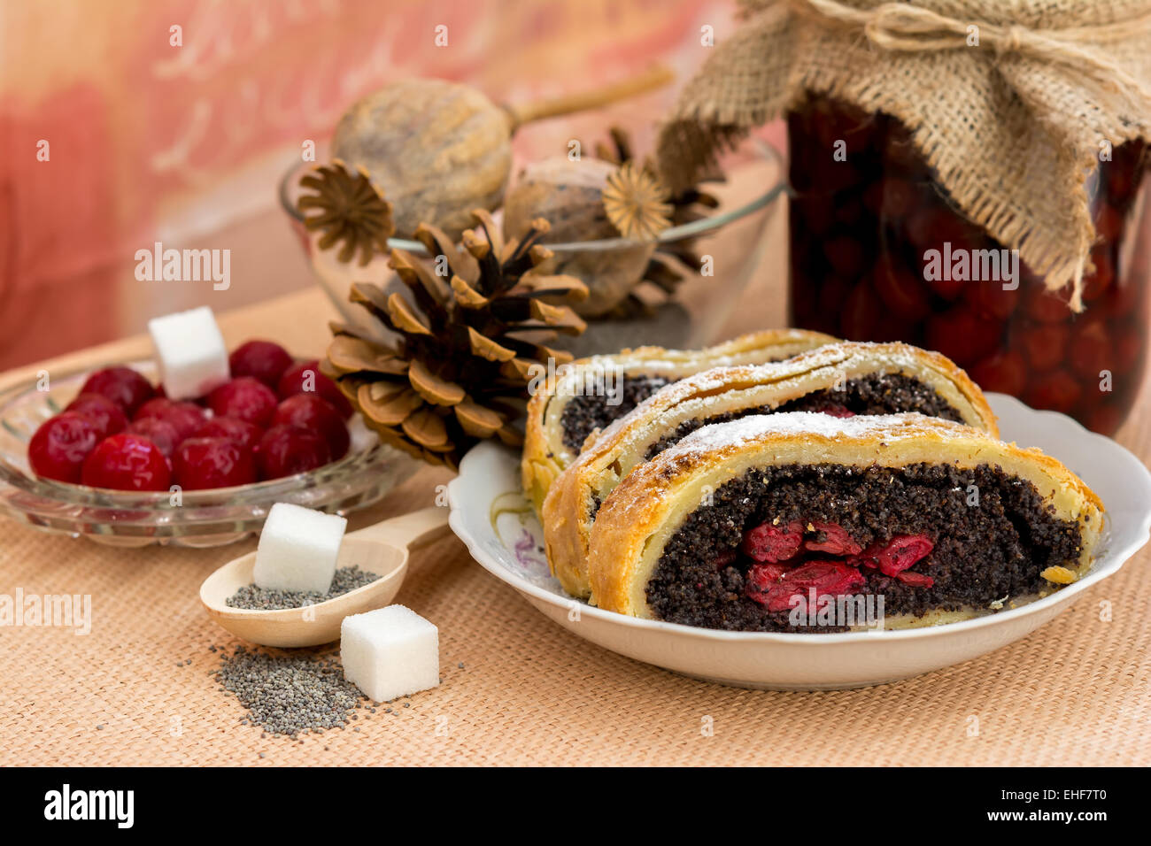 Apple strudel pie dessert with tea closeup Stock Photo - Alamy