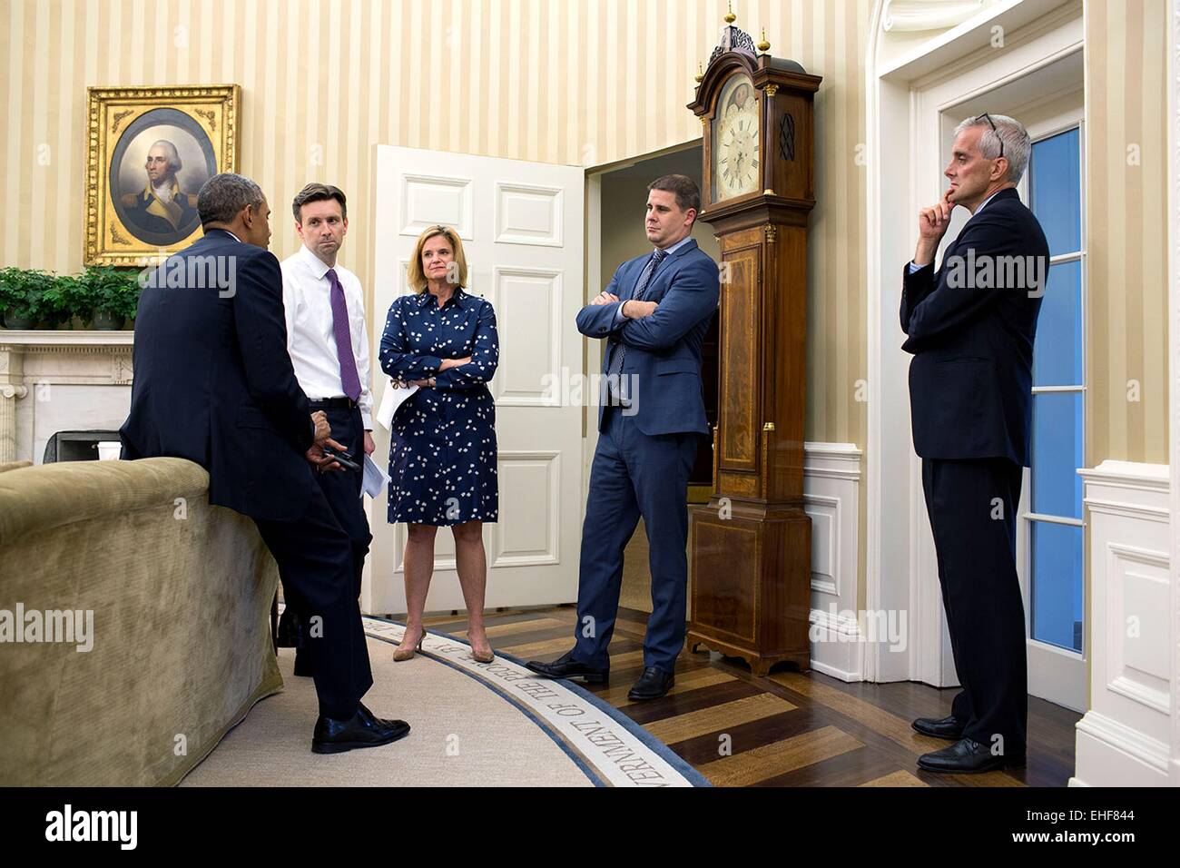 US President Barack Obama meets with, from left, Press Secretary Josh ...