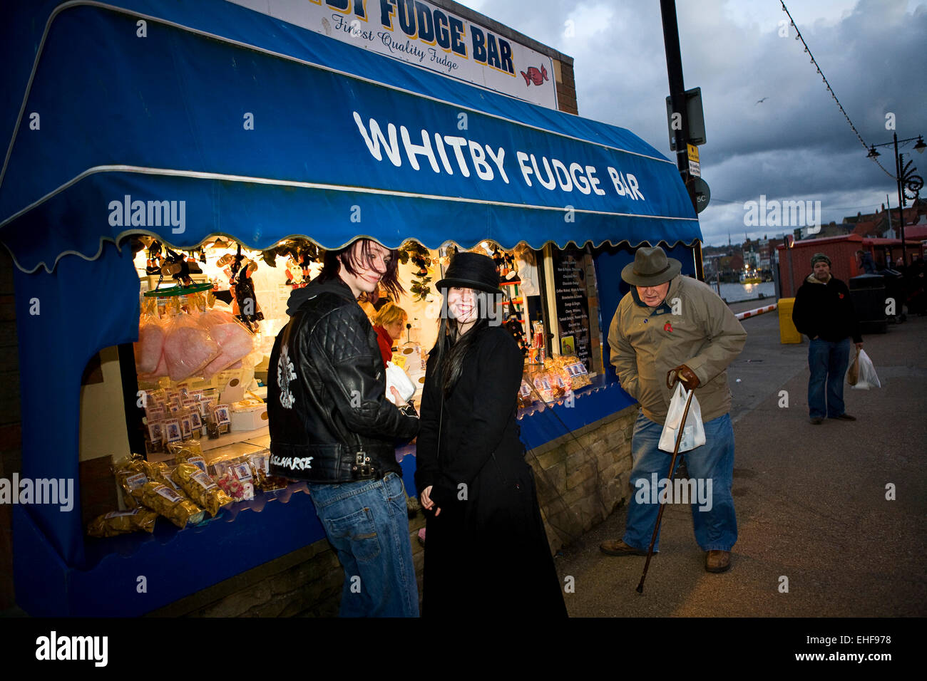 Goths buying fudge at Whitby Goth Weekender Stock Photo - Alamy