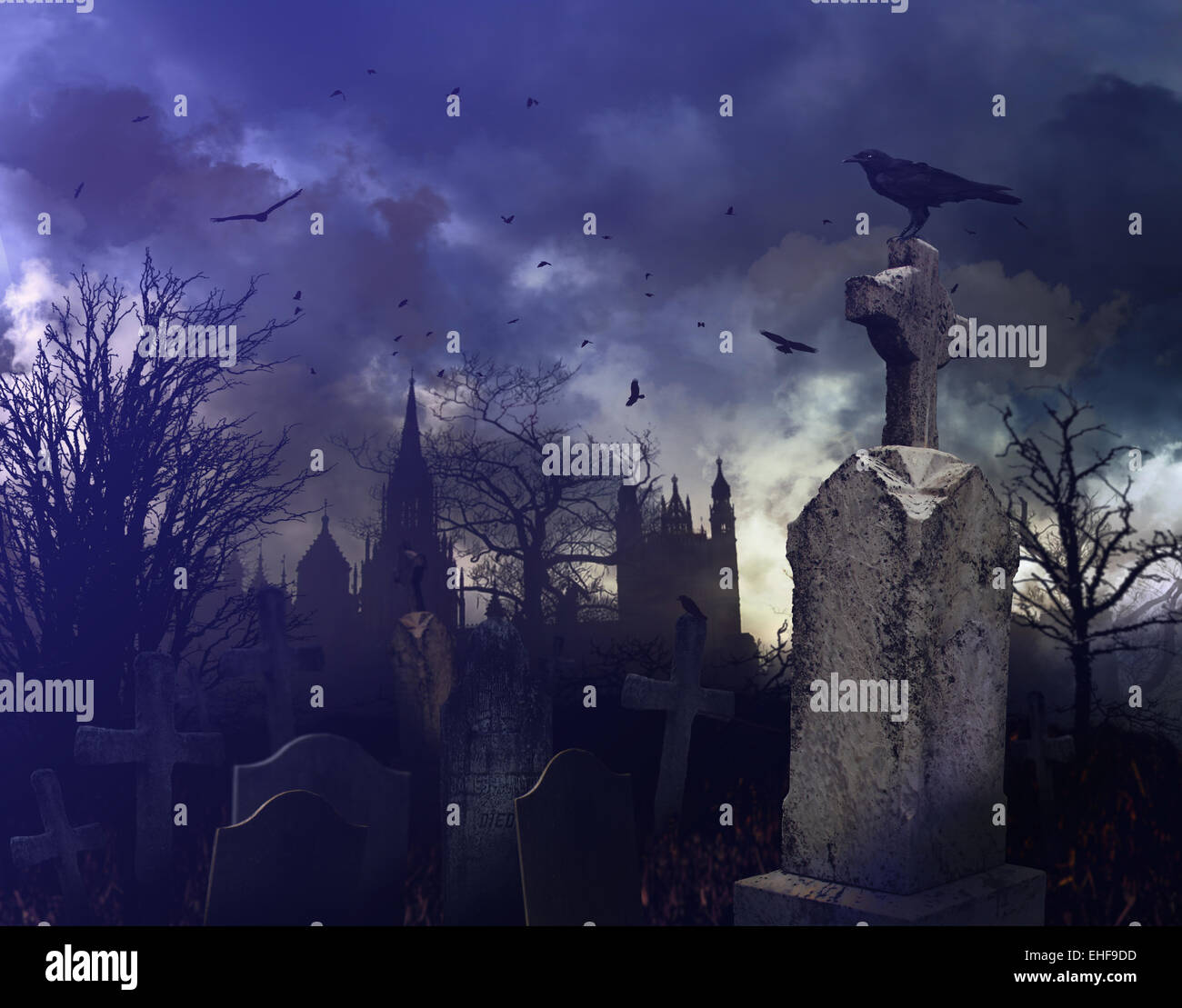 Halloween night scene in a spooky graveyard Stock Photo - Alamy