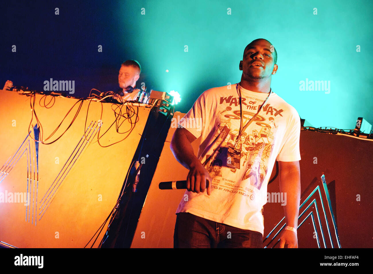 Julio Bashmore DJing with an MC in the WOW tent at Glastonbury festival ...