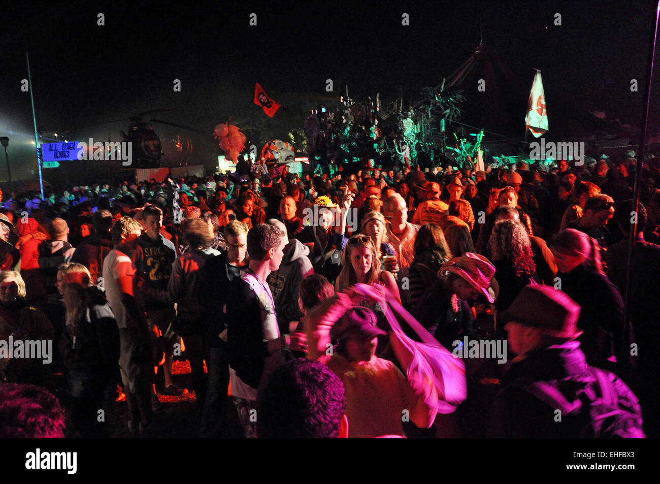 Crowd scene at night at Glastonbury festival, Pilton, Somerset, UK ...