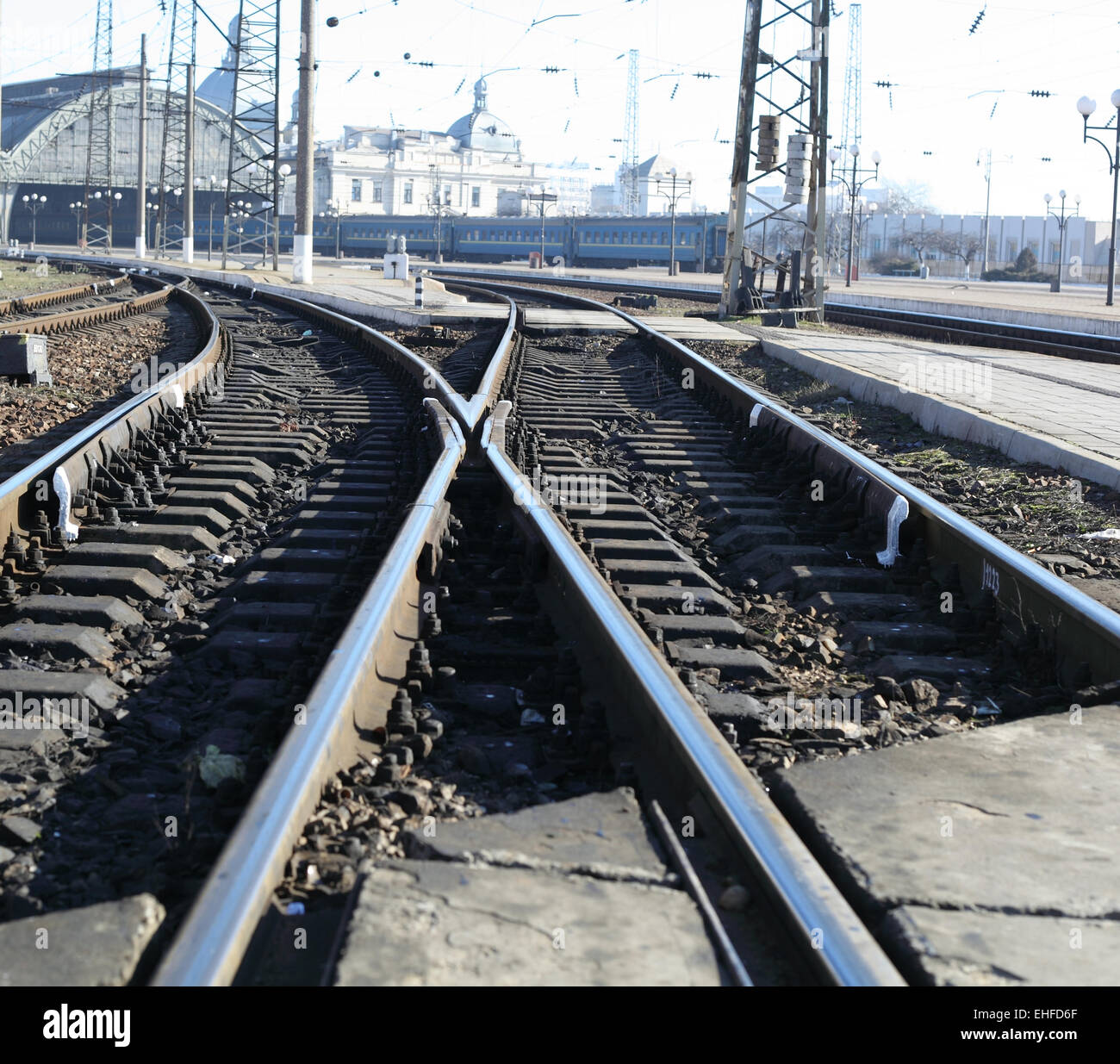 Railway on station, outdoor landscape Stock Photo - Alamy