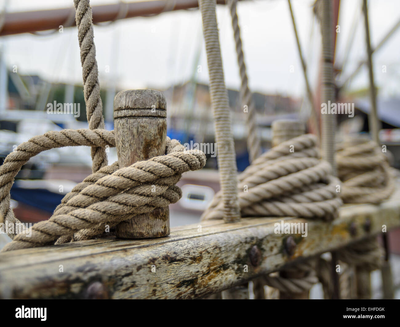 Ropes on a side of old sailing ship, closeup, perspective, shallow ...