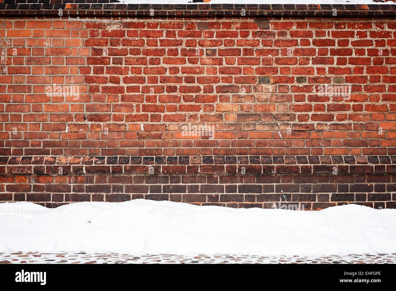 Old wall of red bricks and a ground covered with snow Stock Photo - Alamy