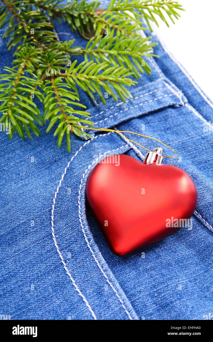 Christmas tree and toy on denim background Stock Photo - Alamy